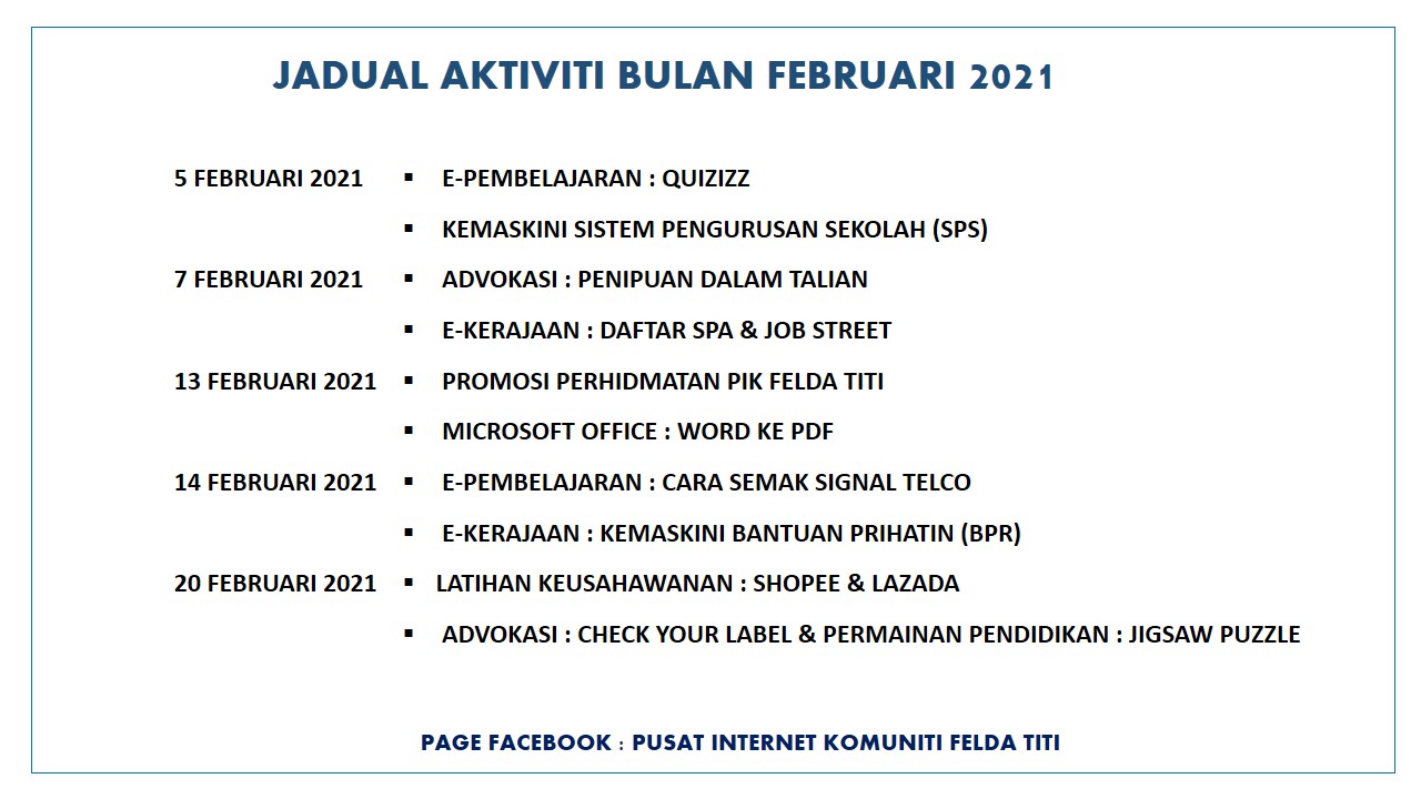 Jadual Aktiviti Februari 2021 – NADI Felda Titi